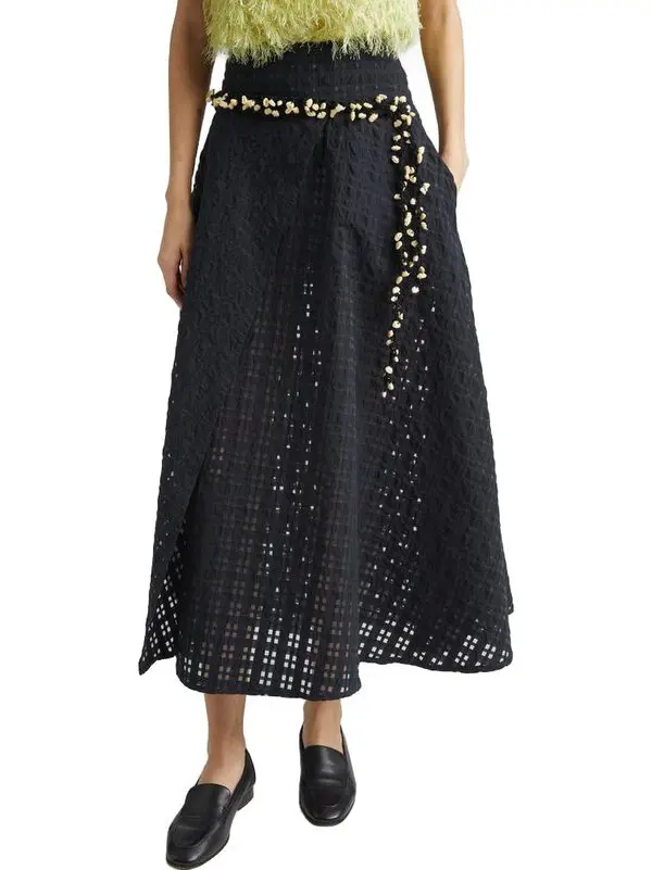 KÚR Crochet Accent Sheer Check Wrap Skirt - Black