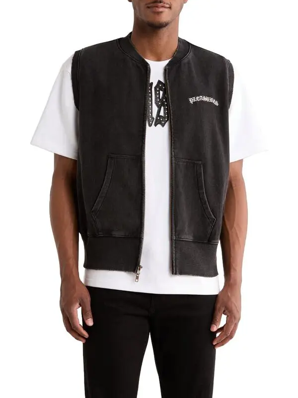 PLEASURES Embroidered Logo Denim Vest - Faded Black
