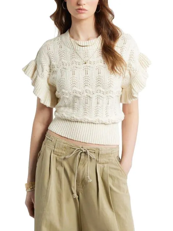 Treasure & Bond Flutter Sleeve Cotton Pointelle & Rib Sweater - Ivory Dove