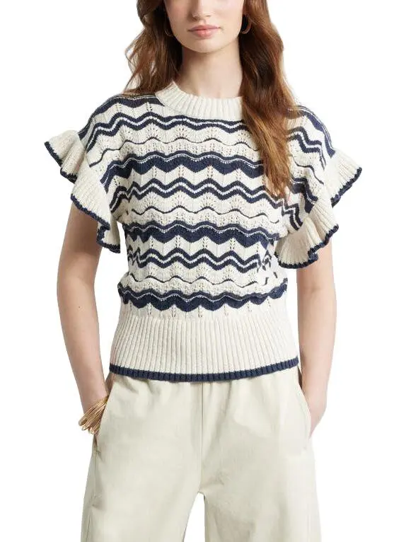 Treasure & Bond Flutter Sleeve Cotton Pointelle & Rib Sweater - Navy- Ivory Wave Stripe