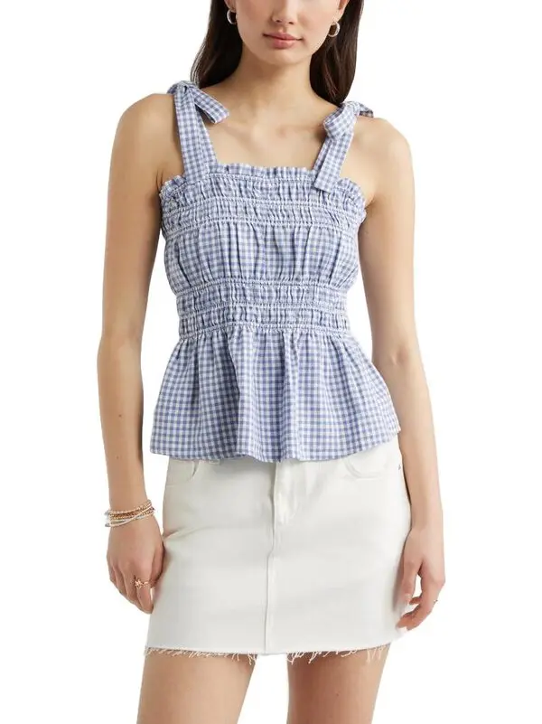 Bp. Gingham Shirred Linen-blend Top - Blue- White Demi Gingham