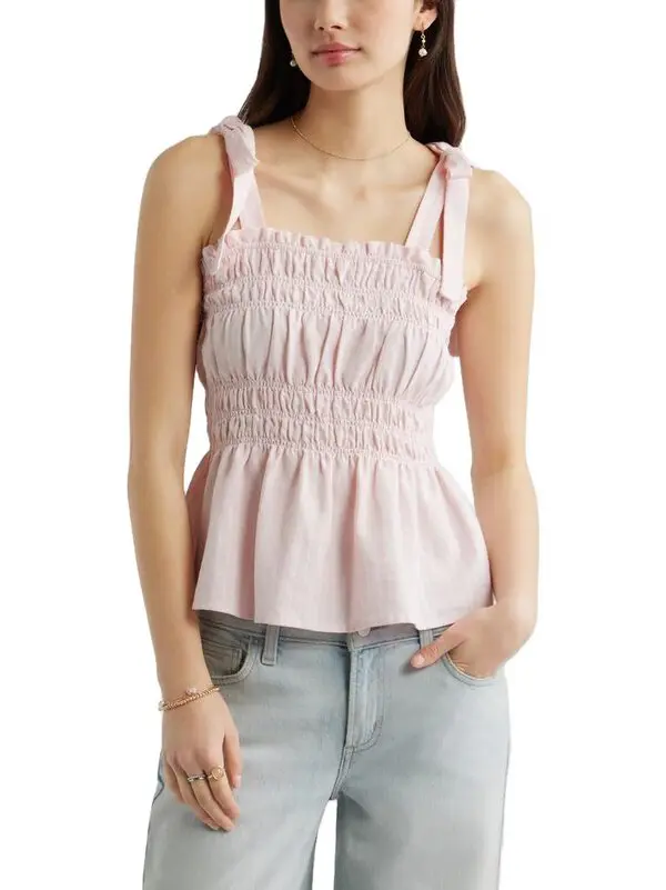 Bp. Gingham Shirred Linen-blend Top - Pink- White Nia Stripe