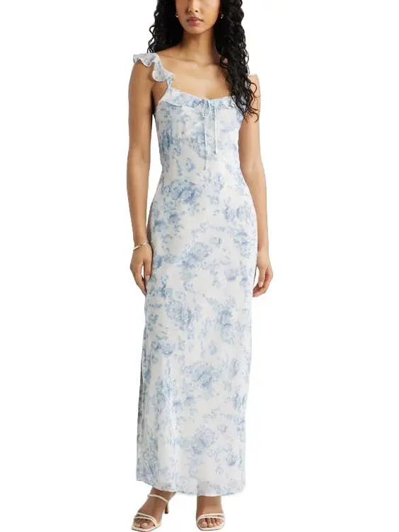 OPEN EDIT Ruffle Chiffon Maxi Dress - Blue Tapestry Blur