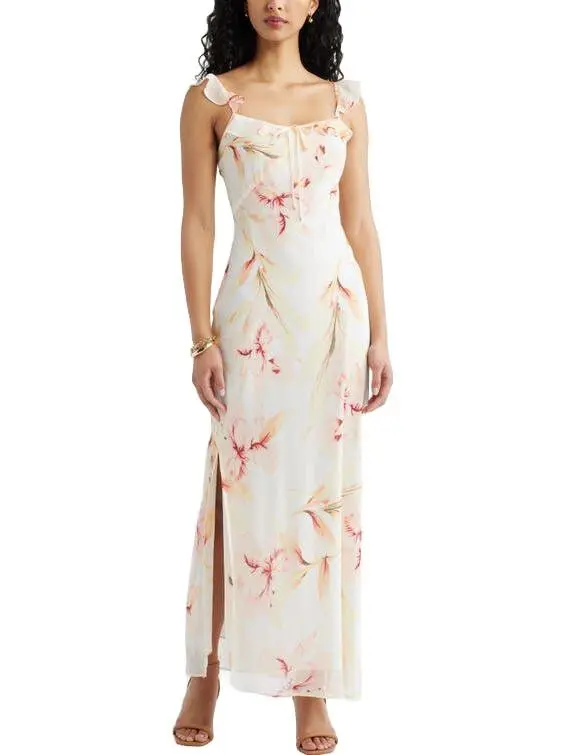 OPEN EDIT Ruffle Chiffon Maxi Dress - Ivory- Pink Floating Iris