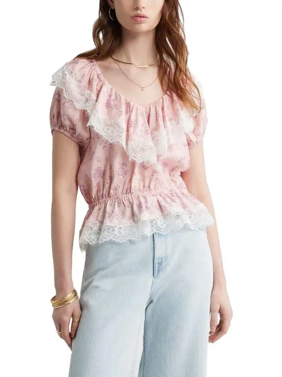 Treasure & Bond Lace Trim Puff Sleeve Peplum Top - Pink Layered Sprigs