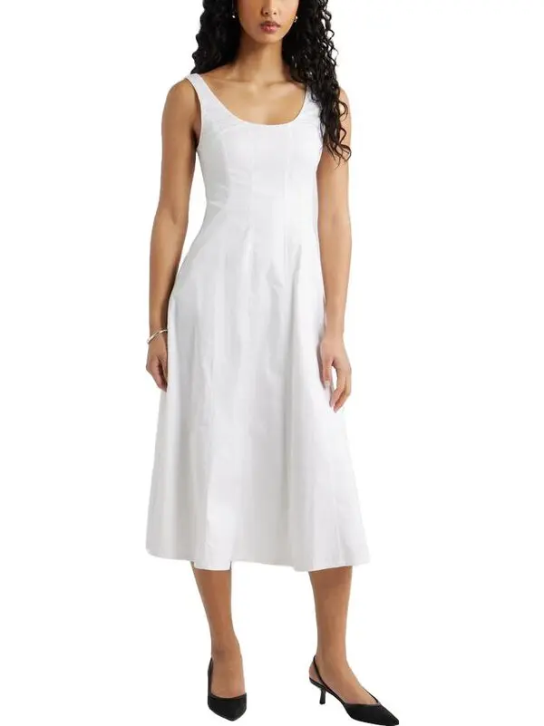 OPEN EDIT Seamed Stretch Cotton Poplin Midi Dress - White