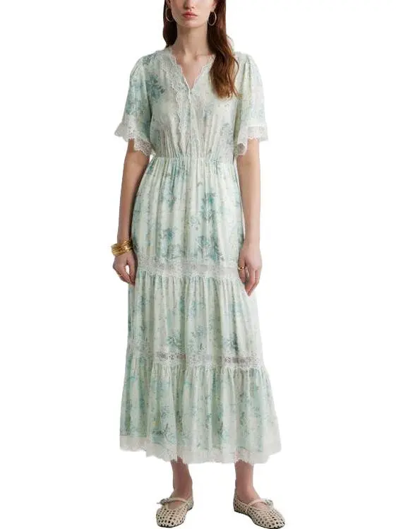 Treasure & Bond Garden Lace Trim Tiered Maxi Dress - Blue Wallpaper Collage