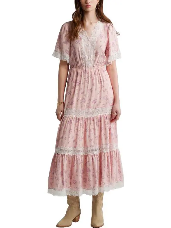 Treasure & Bond Garden Lace Trim Tiered Maxi Dress - Pink Layered Sprigs