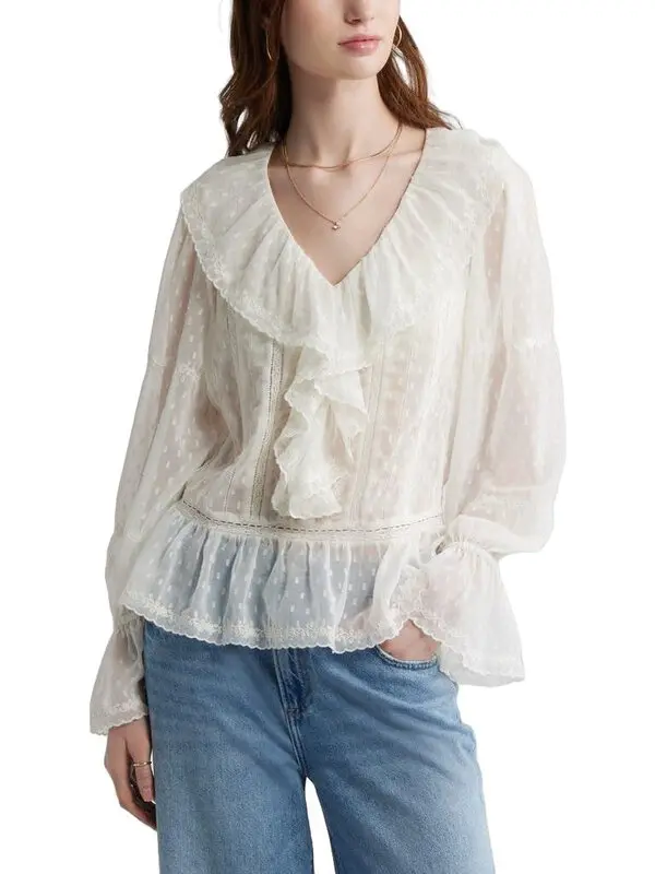 Treasure & Bond Embroidered Ruffle Peplum Clip Dot Chiffon Top - Ivory Egret