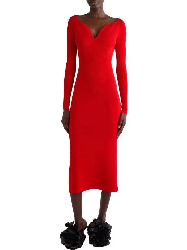 Givenchy Kickback Long Sleeve Rib Midi Sweater Dress - Poppy Red