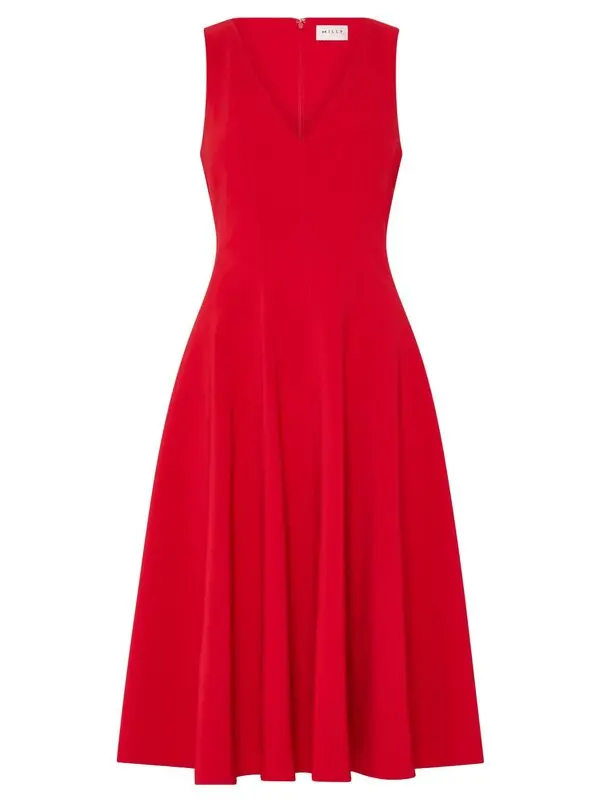 MILLY Linda Stretch Cady Fit And Flare Midi Dress - True Red