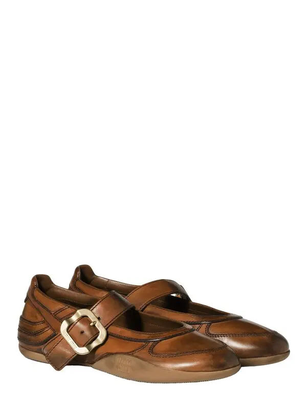 Miu Miu Gymnasium Leather Ballerinas With Strap And Buckle - Cognac