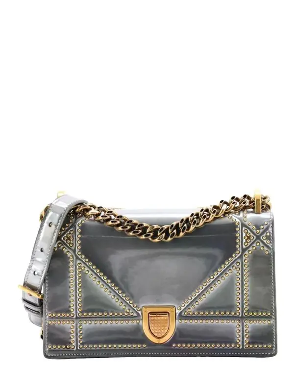 Dior Diorama Flap Bag Studded Patent Small Crossbody - Silver