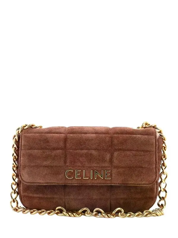 Celine Logo Chain Flap Bag Quilted Suede Shoulder Bag - Brown