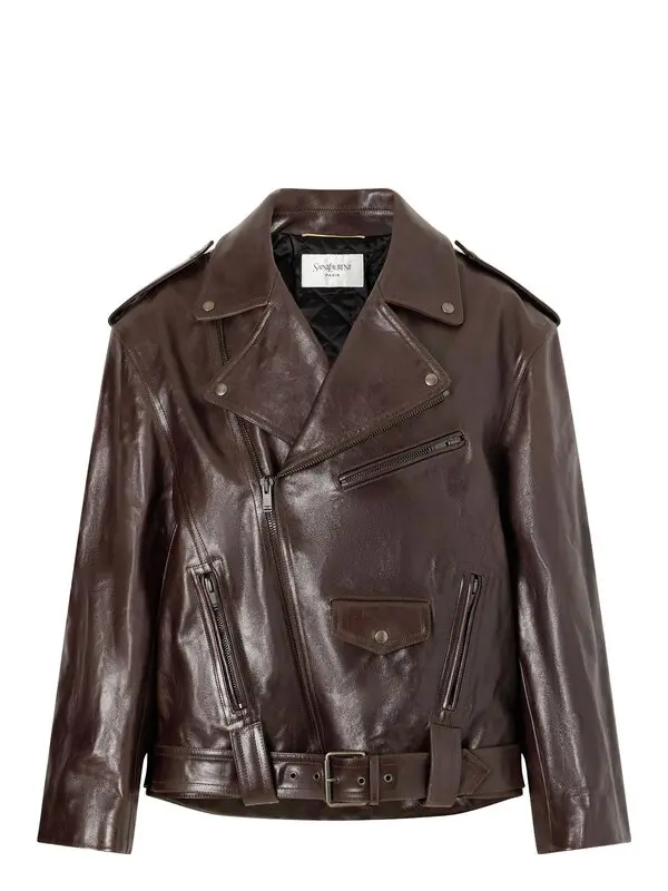 Saint Laurent Glossed Textured-leather Biker Jacket - Brown