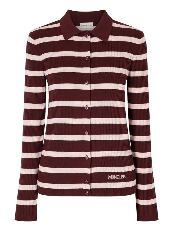 Moncler Striped Ribbed Cotton Polo Shirt - Burgundy