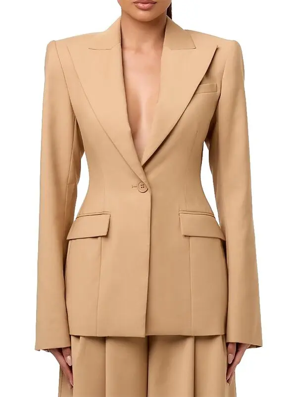 Naked Wardrobe Power Shoulder Fitted Blazer - Camel