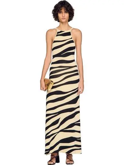 Sandro Zebra-print Knit Halterneck Maxi Dress - Animal Print