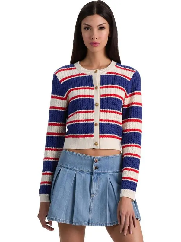 Alice + Olivia Dollie Striped Cable Knit Cardigan - Blue / Multicolor / Red / Stripe