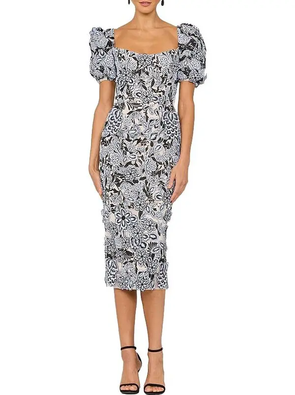 HELSI Lucia Puffy Sleeve Floral Midi Dress - Black White Floral