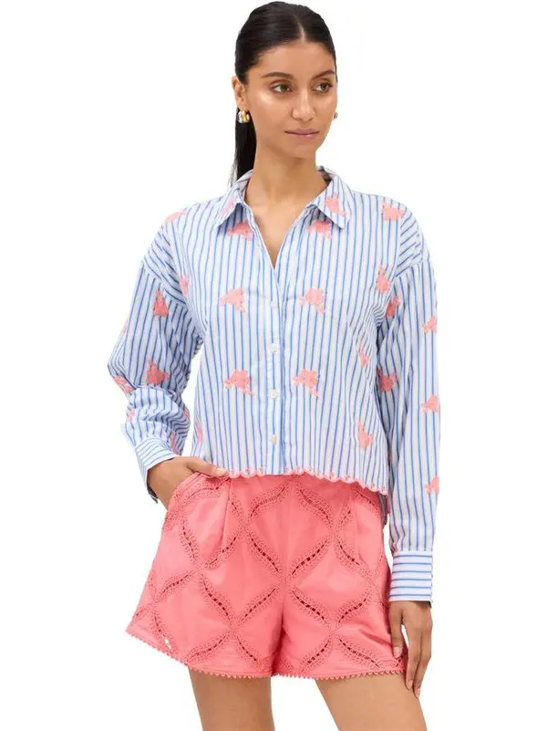 Allison Embroidered Emily Top - Blue / Stripe