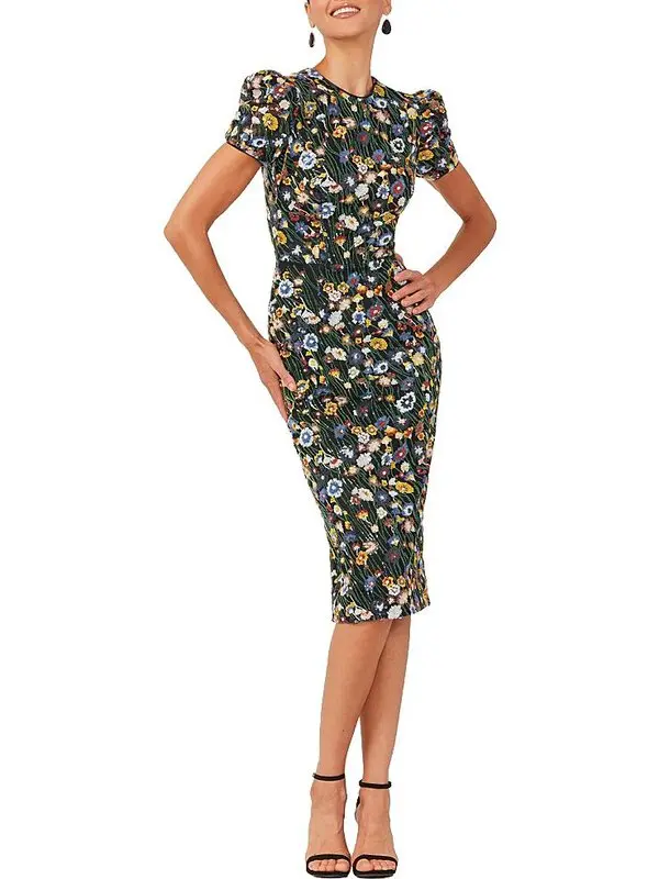 HELSI Piper Short Sleeve Sequin Midi Dress - Black/yellow Floral