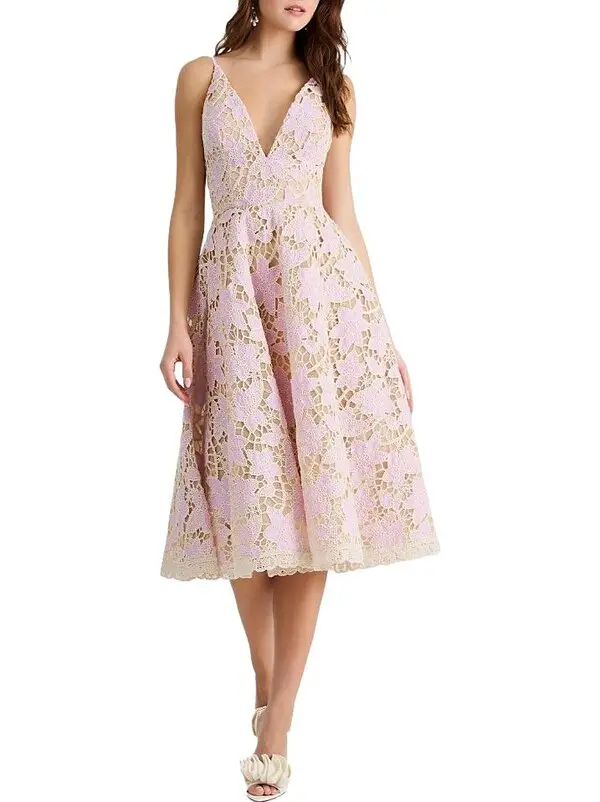 HELSI Amelia Plunging Floral Lace Embroidered Midi Dress - Lilac/ivory