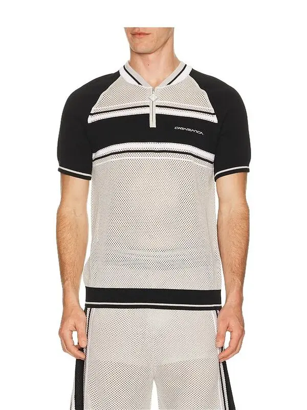Casablanca Metallic Mesh Stripe Zip Polo In Grey - Silver & Black