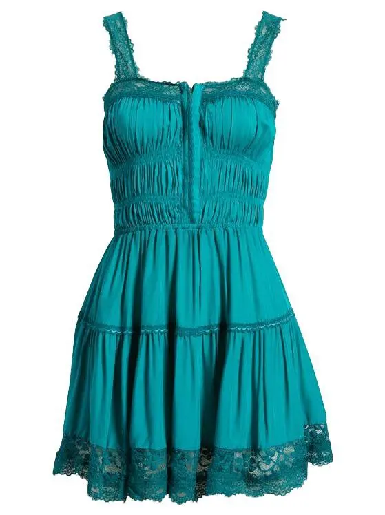 Free People So In Love Linen Blend Slip Mini Dress - Teal Sapphire