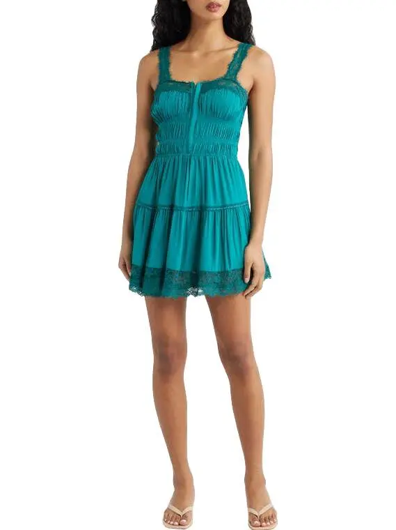 Free People So In Love Linen Blend Slip Mini Dress - Teal Sapphire
