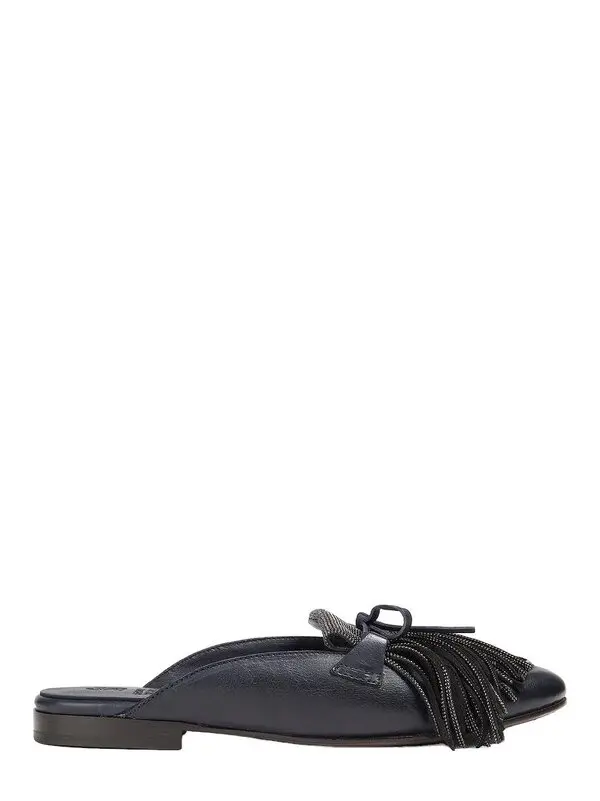 Brunello Cucinelli Bead-embellished Fringed Leather Slippers - Black