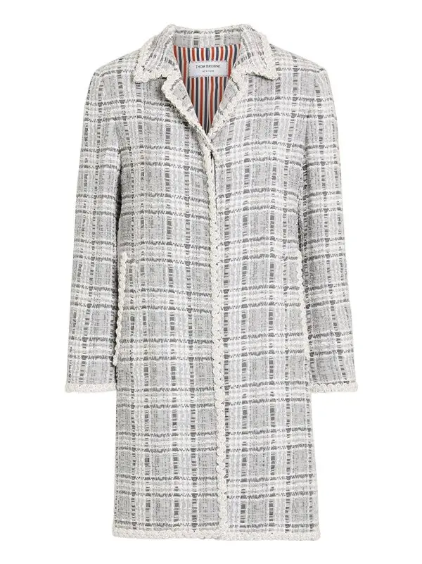 Thom Browne Faux Pearl-embellished Checked Tweed Coat - Light Gray