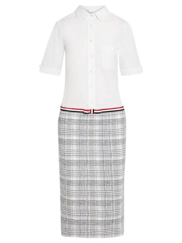 Thom Browne Checked Tweed And Poplin Midi Shirt Dress - White