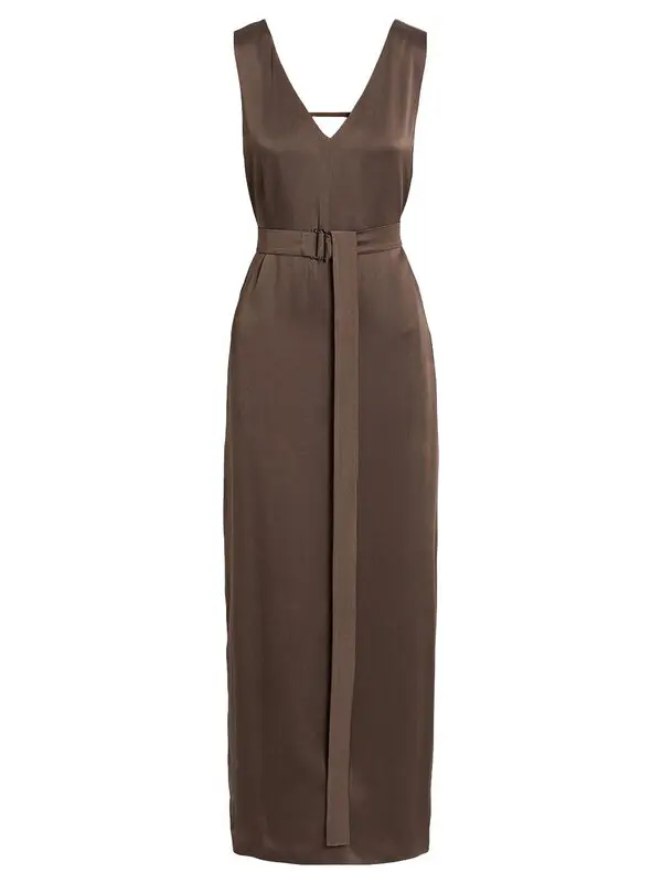 Brunello Cucinelli Belted Crepe-satin Maxi Dress - Brown