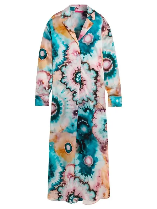 THE ELDER STATESMAN Printed Silk-satin Maxi Shirt Dress - Teal