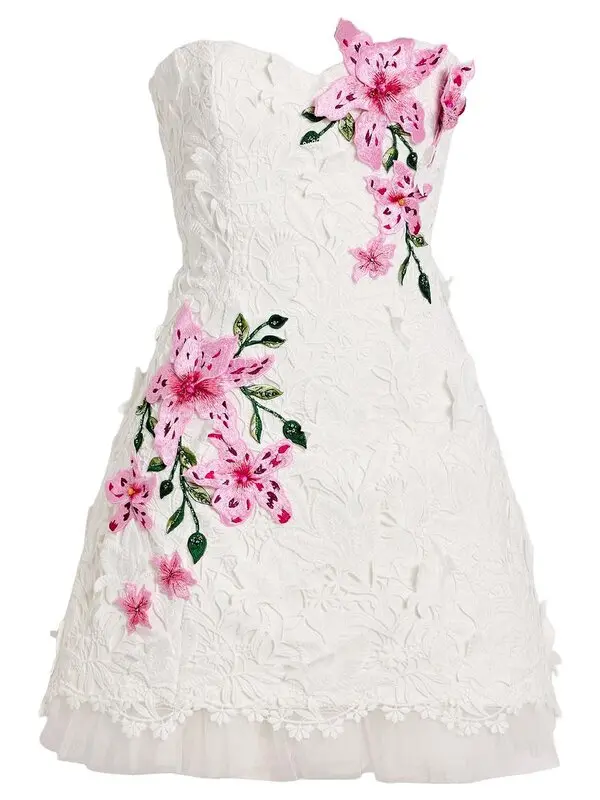 Badgley Mischka Strapless Floral-appliquéd Guipure Lace Mini Dress - White