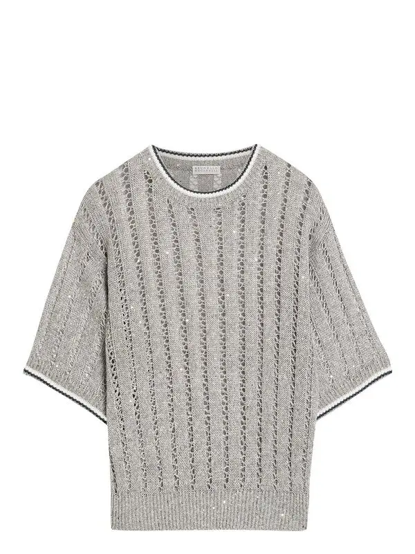 Brunello Cucinelli Sequin-embellished Open-knit Linen-blend Sweater - Gray