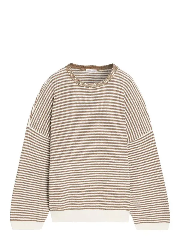 Brunello Cucinelli Sequin-embellished Striped Cotton Sweater - Taupe