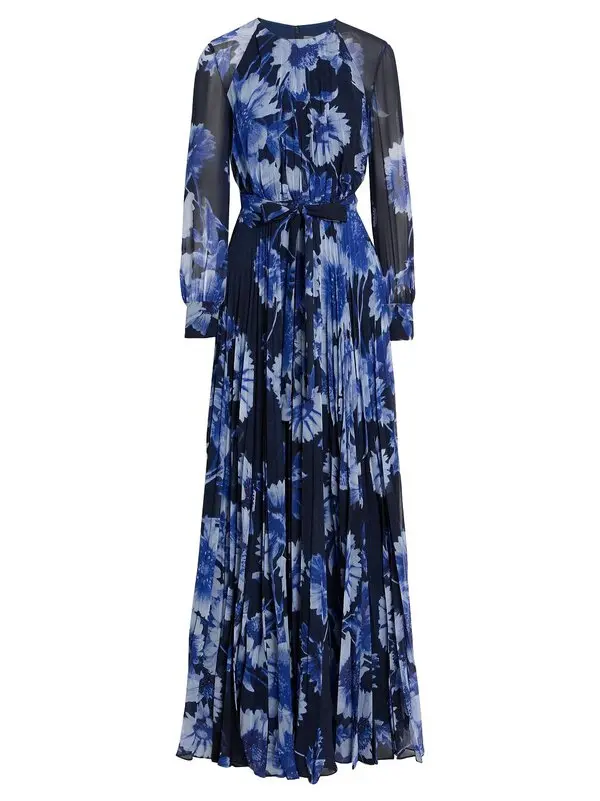 Erdem Pleated Floral-print Chiffon Gown - Indigo