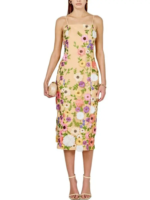 Endless Rose Floral Embroidered Midi Dress - Beige Multi Floral