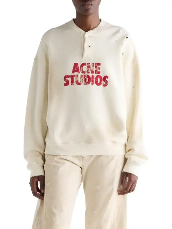 Acne Studios Logo Distressed Cotton Fleece Henley Sweatshirt - Off White