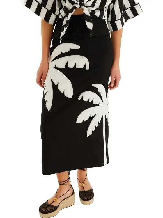 Farm Rio Palm Tree Embroidered Linen Maxi Skirt - Black