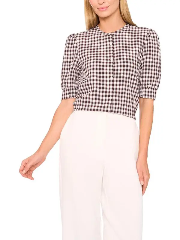 Halogen Gingham Puff Sleeve Woven Shirt - Chicory Coffee