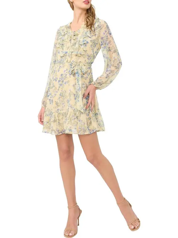 Halogen Floral Print Long Sleeve Minidress - Pastel Yellow