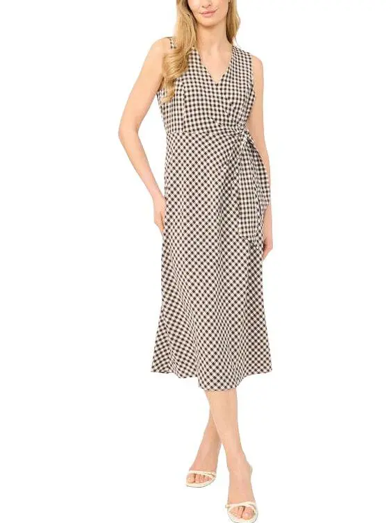 Halogen Gingham Sleeveless Faux Wrap Dress - Chicory Coffee
