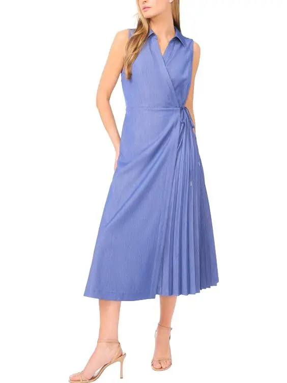 Halogen Pleated Faux Wrap Dress - Indigo