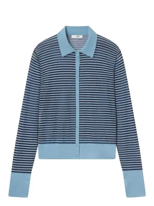FRAME Collared Striped Cotton-blend Cardigan - Powder Blue Multi