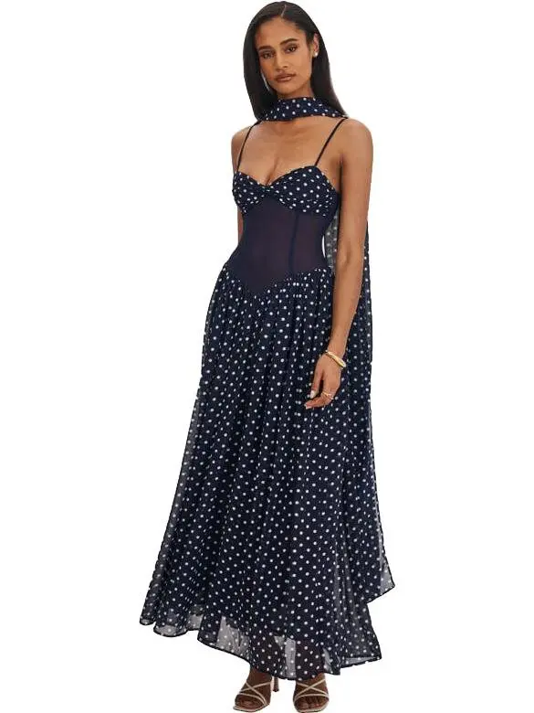 MISS CIRCLE Juliette Polka Dot Chiffon Maxi Dress - Navy Blue