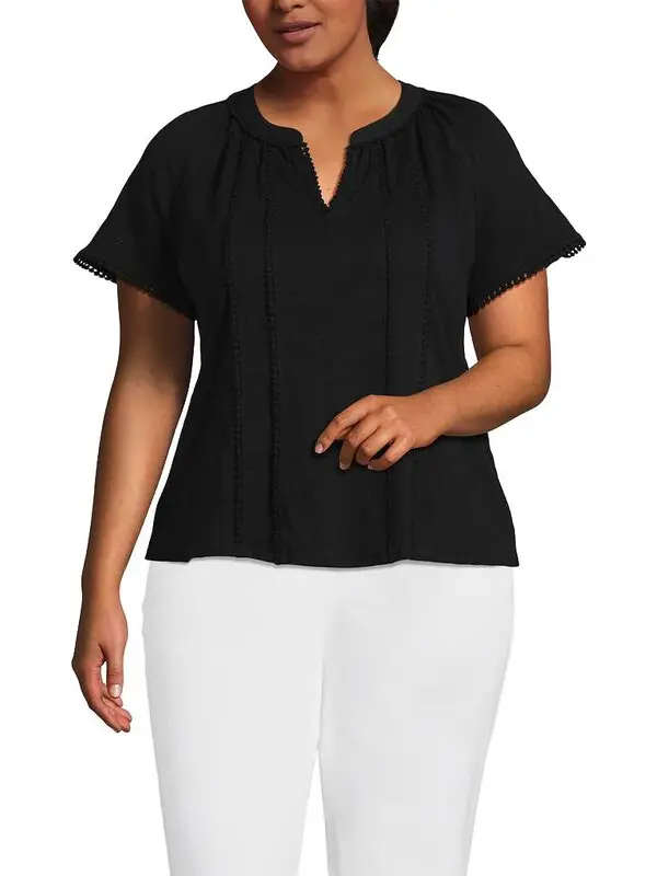 LANDS' END Slub Short Sleeve Notch Neck Top - Black