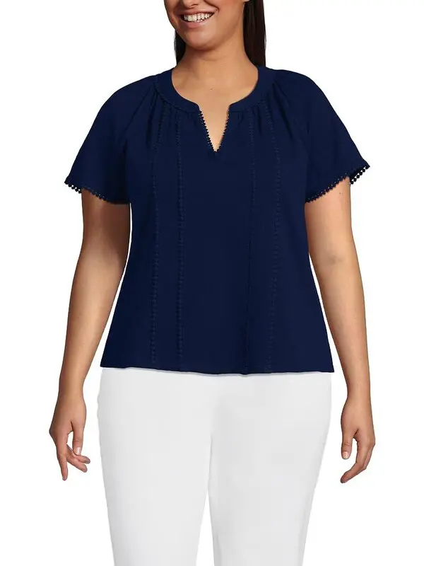 LANDS' END Slub Short Sleeve Notch Neck Top - Deep Sea Navy